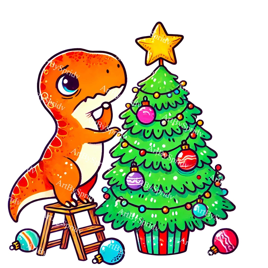 T-rex Dinosaur Decorating Christmas Tree Clipart Festive Dino PNG ...