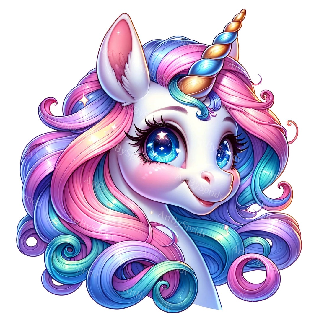 Colorful Unicorn Clipart - Large Blue Eyes, Sweet Smile - Digital PNG ...