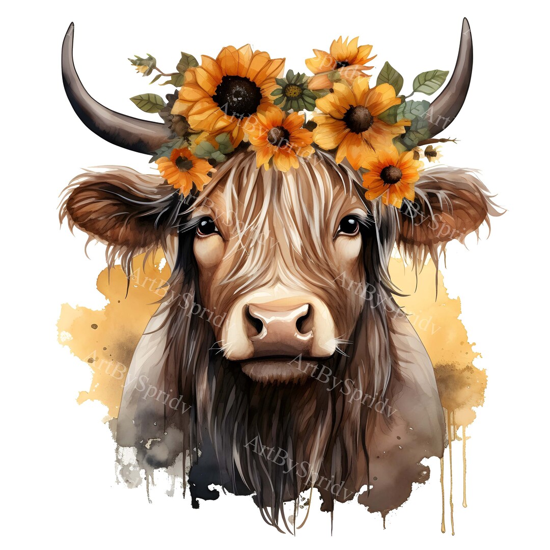 Rustic Highland Cow With Sunflower Wreath PNG Clipart, Farmhouse Boho ...