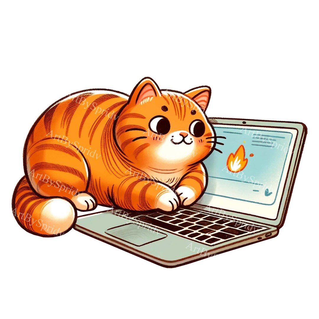 Orange Tabby Cat With Laptop Clipart for Sublimation & Printables ...