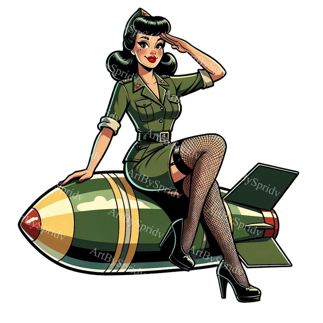 Vintage Pin-up Woman Seated on Bomb Illustration, Military Chic Art ...
