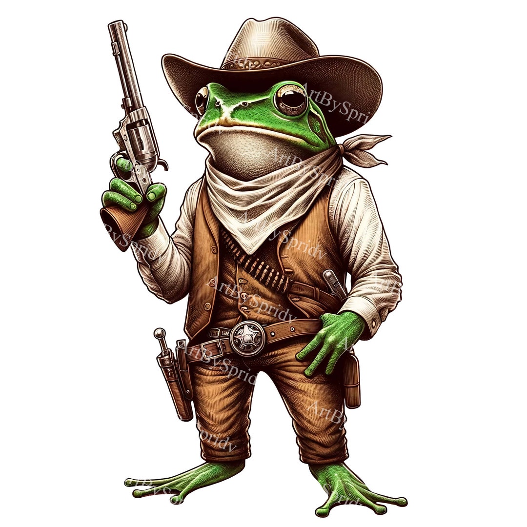 Western Cowboy Frog Clipart - Hand-drawn Gun-toting Amphibian - Digital ...