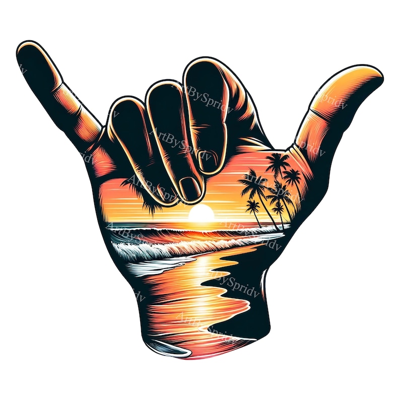 Hang Loose Shaka Sign Clipart: Beach Sunset, Ocean Waves - Digital PNG ...