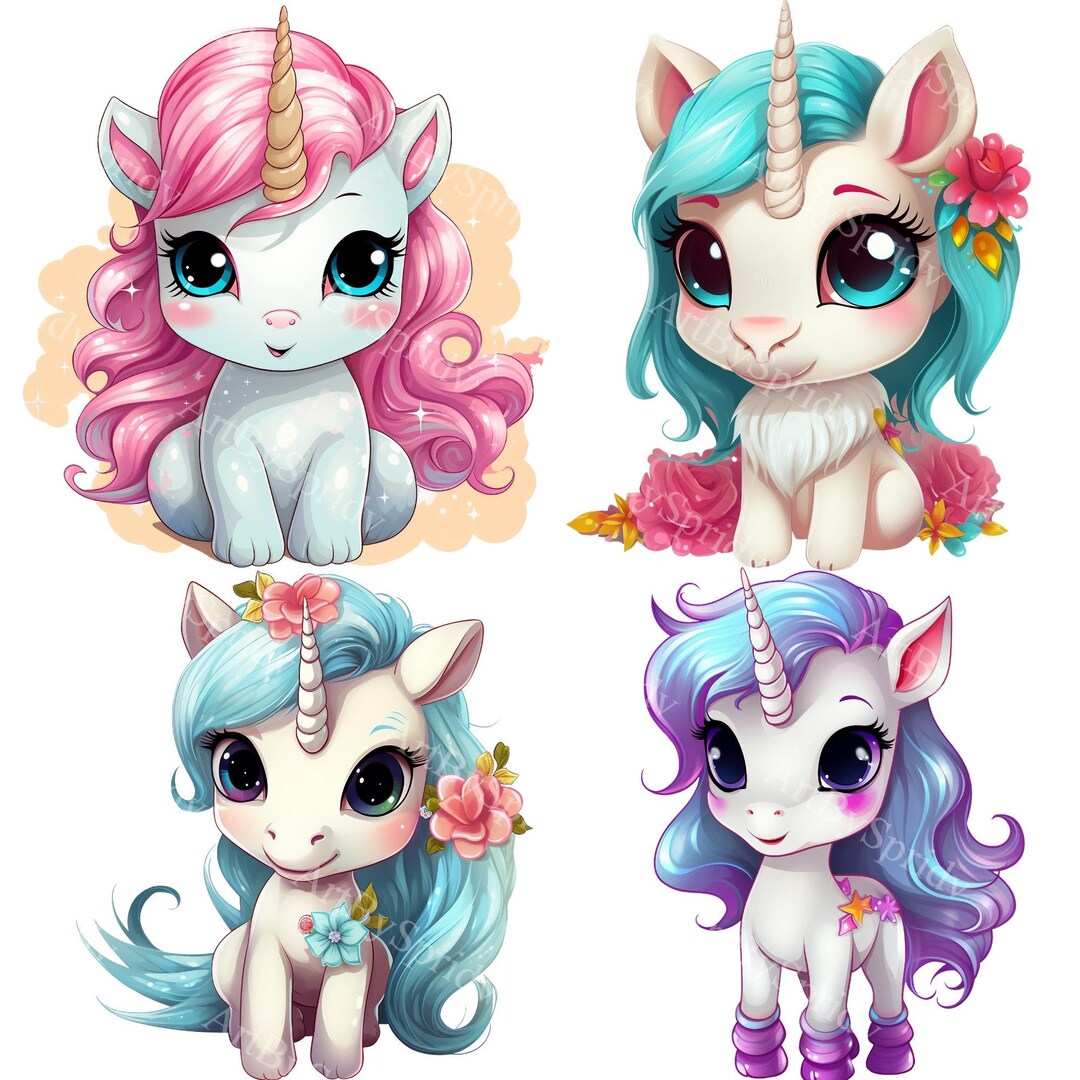 Adorable Kawaii Pastel Rainbow Unicorns Clipart Set-cute PNG for Kids ...