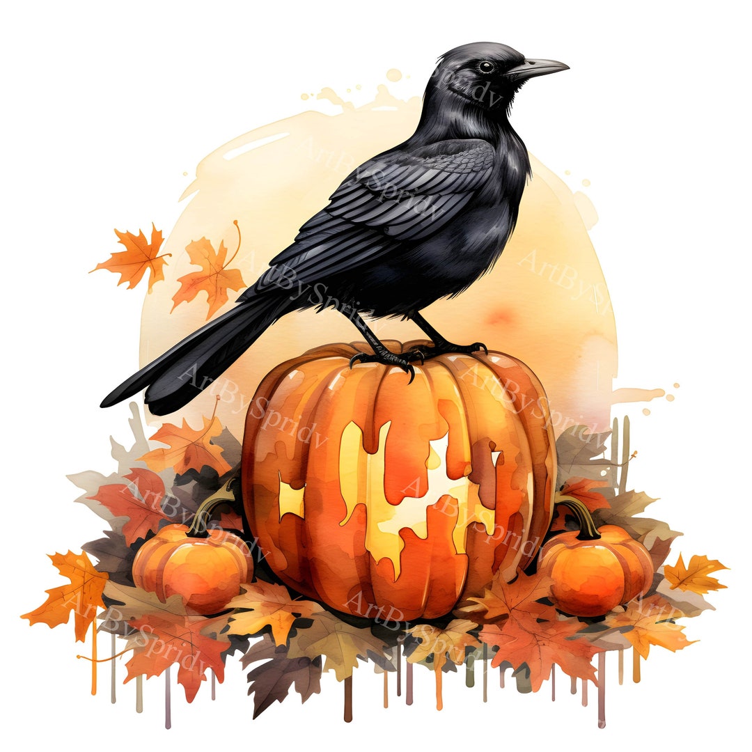 Autumn Crow on Pumpkin Clipart,halloween Raven Png,fall Harvest Leaves ...