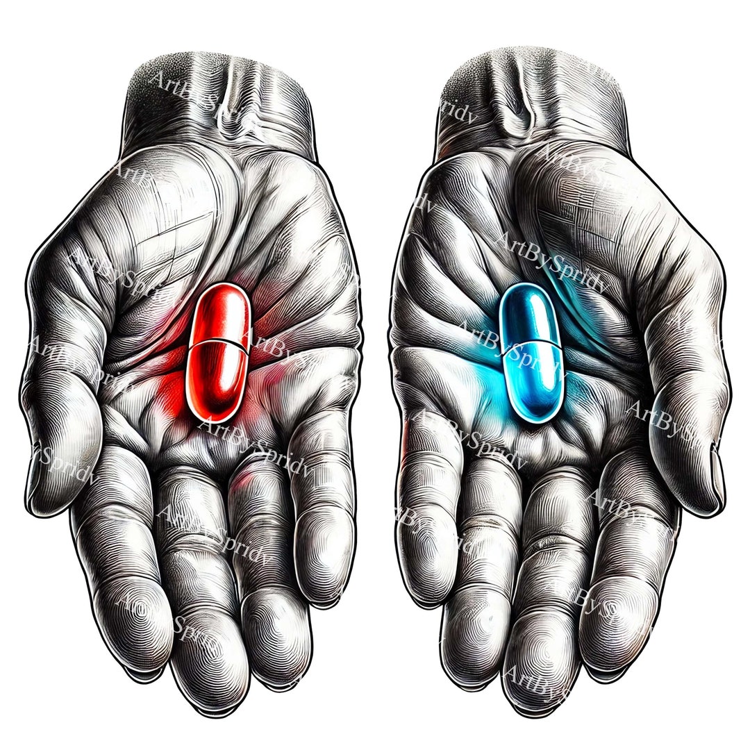 Hand-drawn Illustration of Red & Blue Pills in Human Hands-unique ...