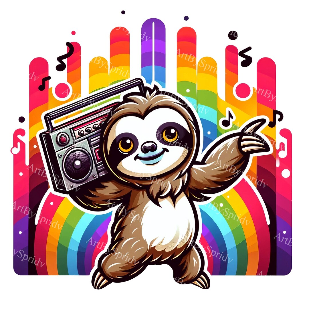 Funky Sloth DJ Clipart With Boombox - Printable Sublimation Design for ...