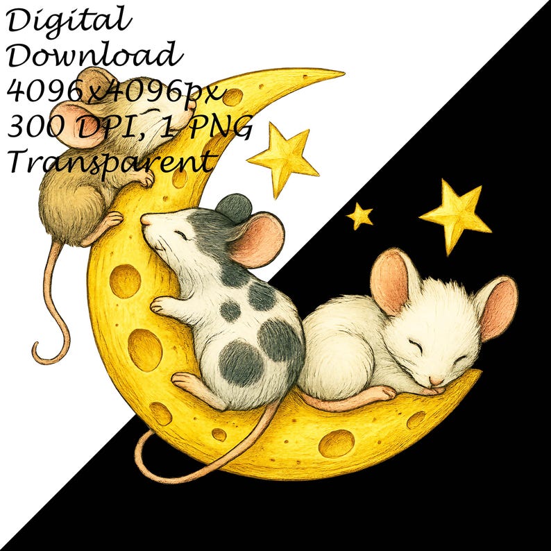 Cute Sleeping Mice on Cheese Moon PNG, Watercolor Baby Mice Clipart ...
