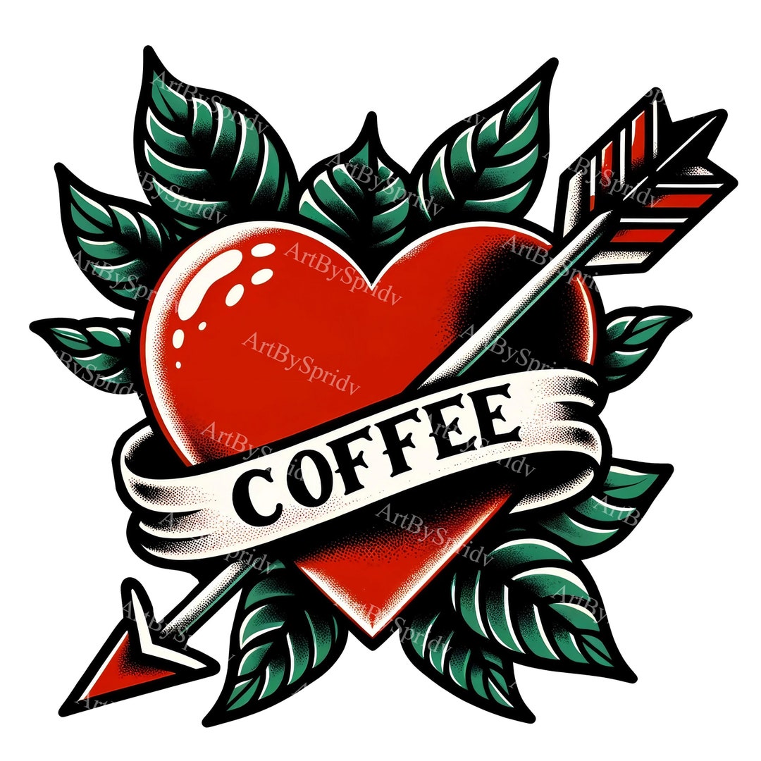 Valentine Coffee Heart Clipart: Green Leaves & Arrow Design for T-shirt ...