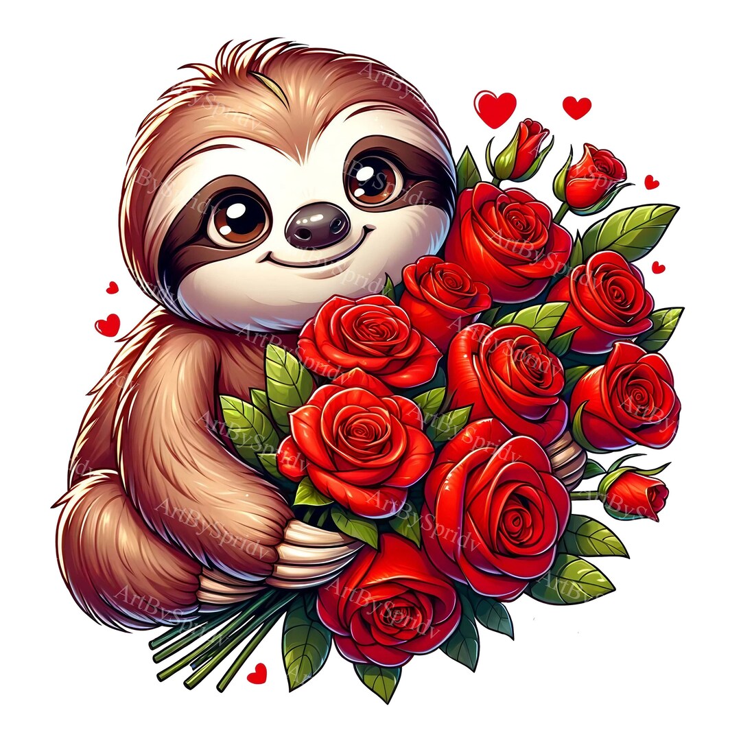 Sloth With Red Roses Clipart - Valentine's Day Digital PNG, Perfect for ...