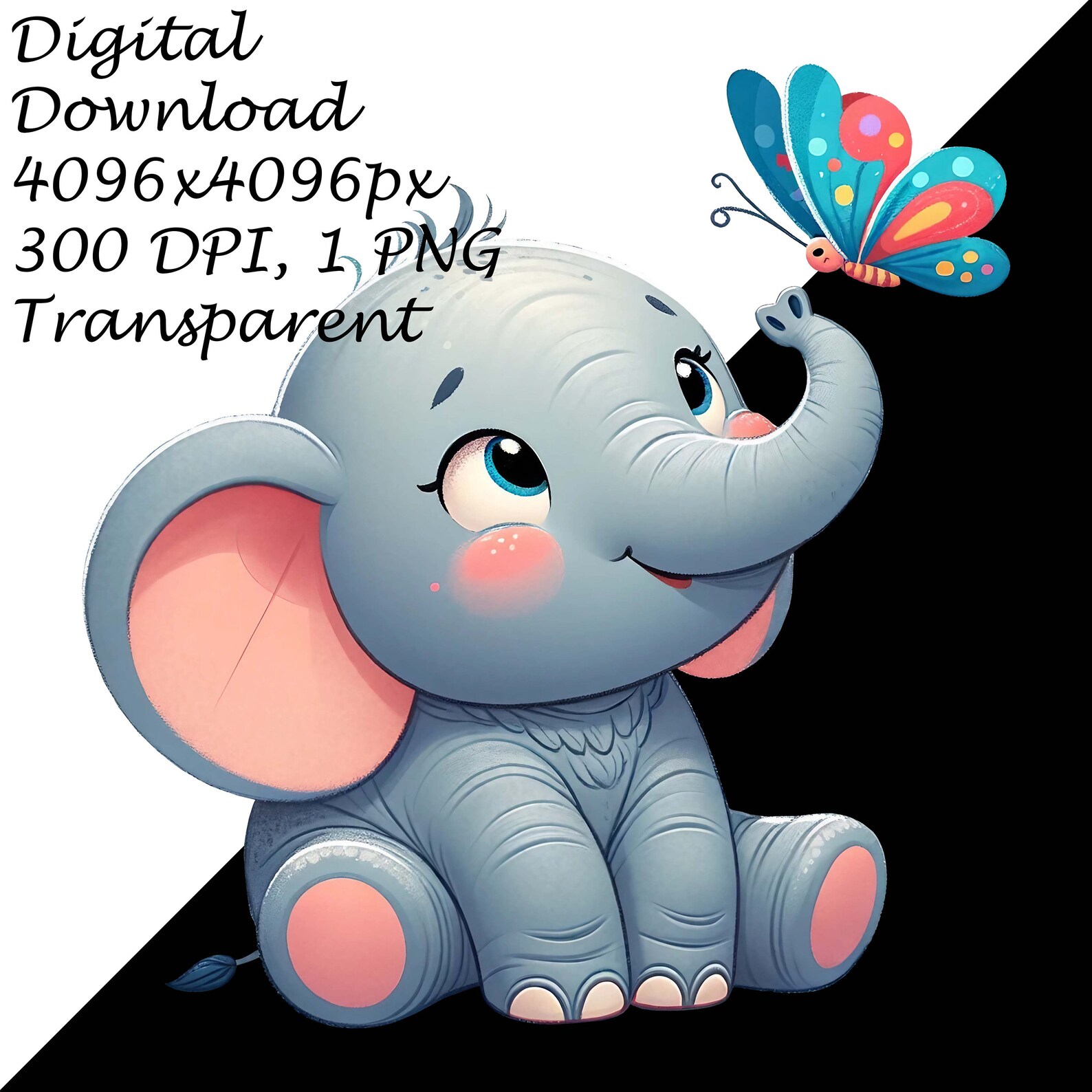 Adorable Elephant Digital PNG Clipart With Butterfly - Perfect for ...