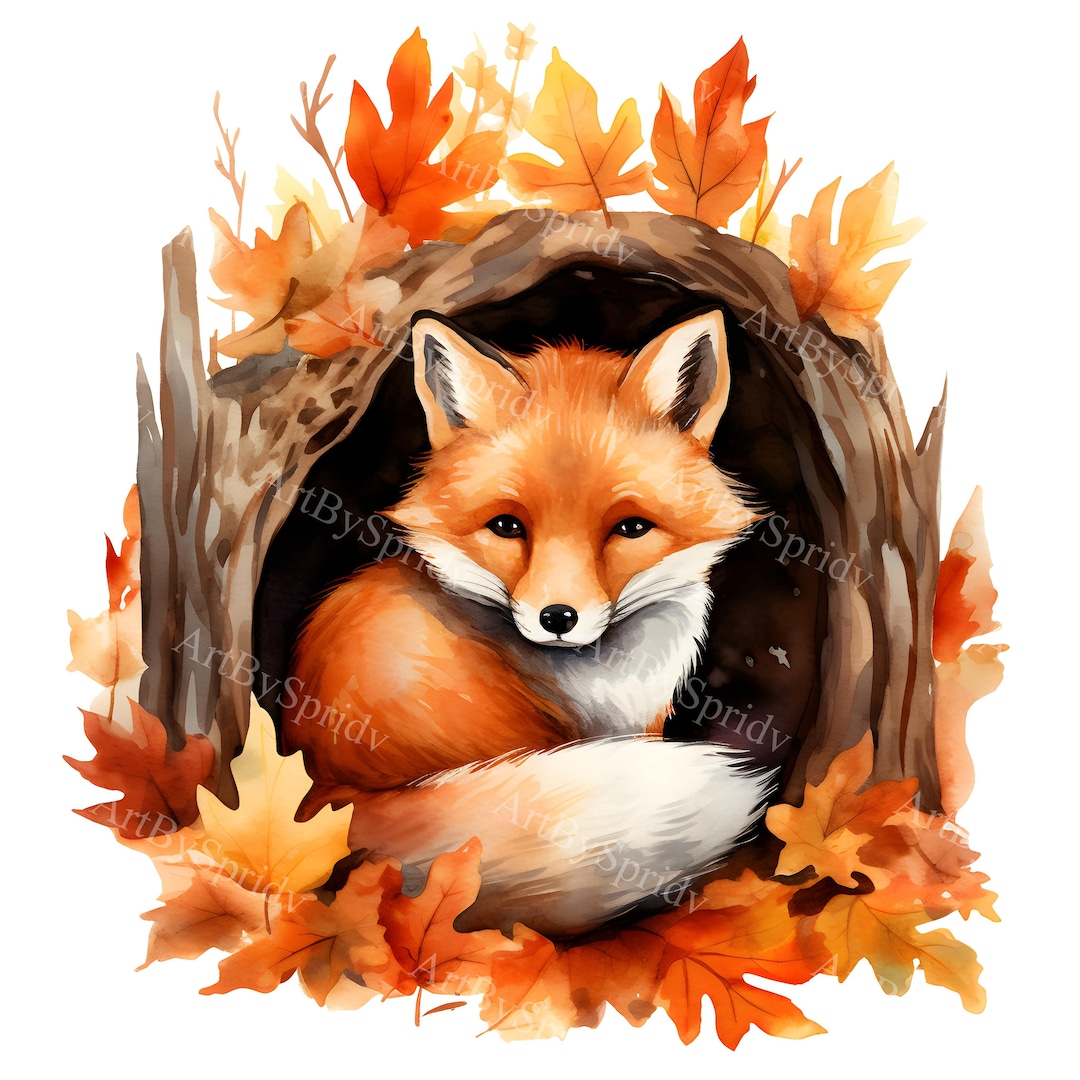 Watercolor Fox Clipart, Autumn Leaves Art, Woodland Animal Illustration ...