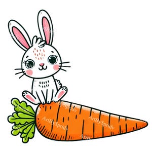 Cute Bunny on Carrot PNG Clipart, Kawaii Rabbit Illustration, Perfect ...