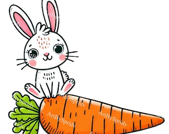 Cute Bunny on Carrot PNG Clipart, Kawaii Rabbit Illustration, Perfect ...