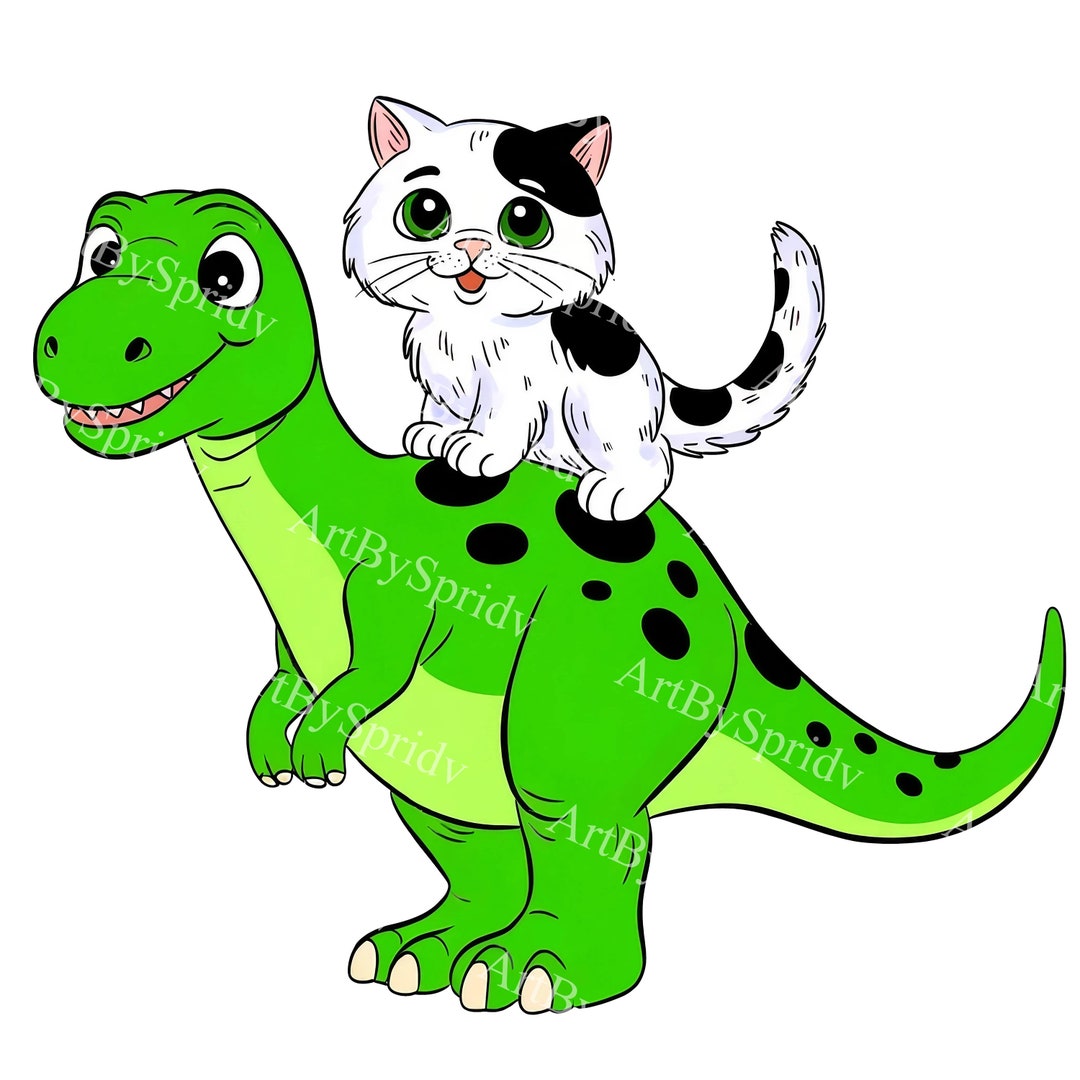 Adorable Kitten Riding Dinosaur Clipart - Perfect for Nursery Decor ...