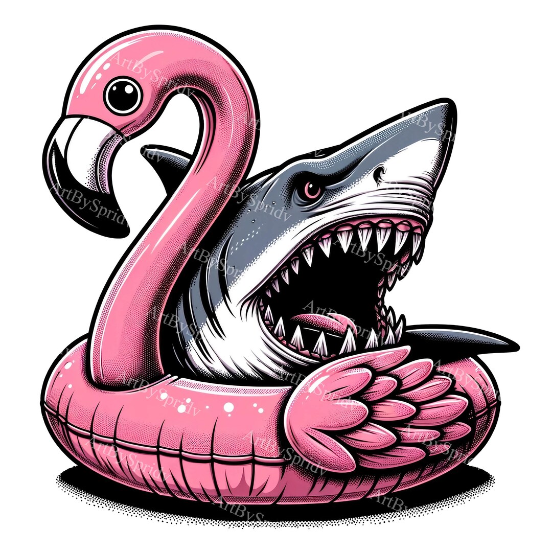 Shark in Flamingo Float Clipart: Fearsome Shark Digital PNG, Pink ...