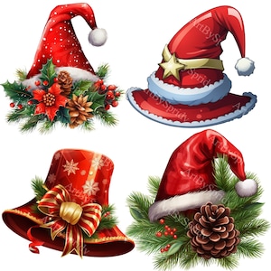 4 Pack Christmas Santa Hat With Xmas Decor Transparent PNG Clipart ...