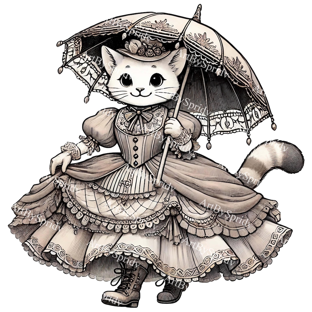 Victorian Cat With Parasol PNG Clipart, Vintage-inspired Illustration ...