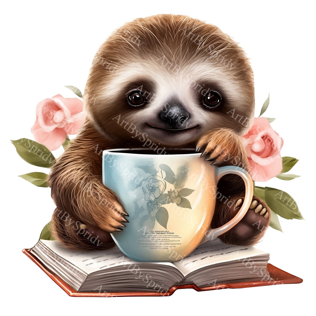 Sloth With Cup of Tea and Book PNG Clipart,transparent Forest Animal ...