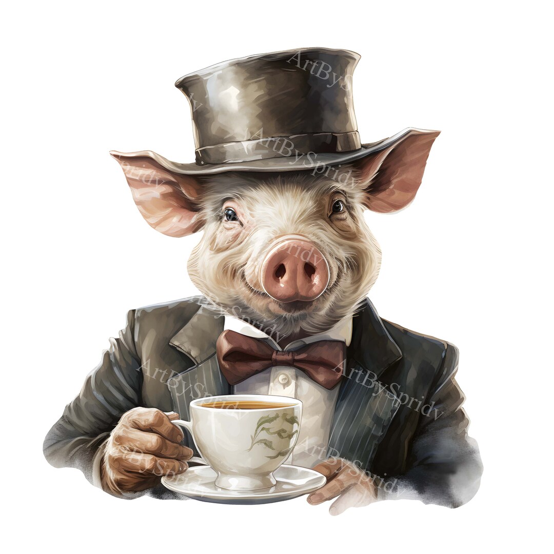 Dapper Pig Clipart in Top Hat & Bow Tie With Coffee Cup PNG Clipart ...
