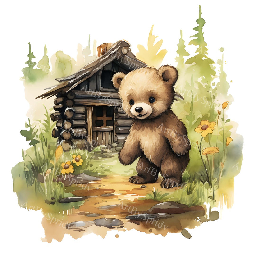 Bear Cub Exploring a Cozy Log Cabin - Watercolor Digital PNG Clipart ...