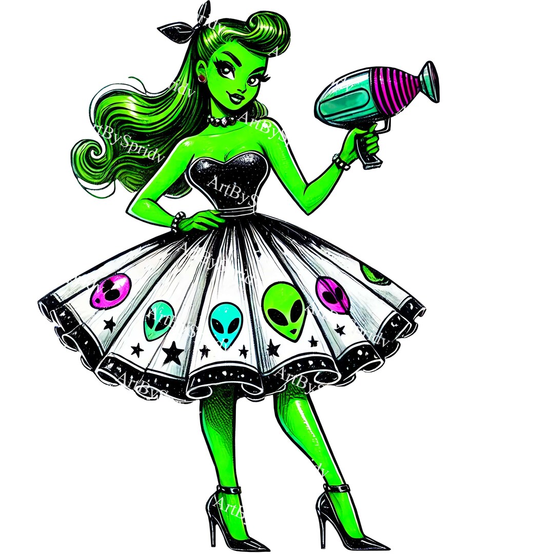 Retro Alien Girl Pin-up PNG, Vintage Space Babe With Ray Gun Clipart ...