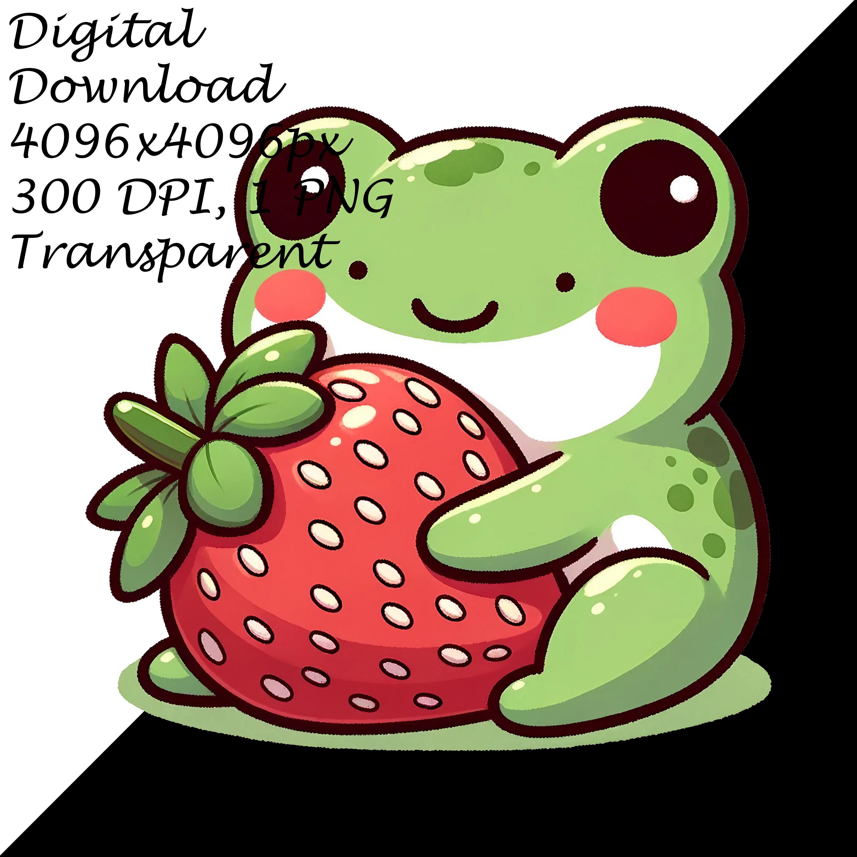 Adorable Cartoon Frog Clipart With Strawberry - Cute Froggy Digital Art ...