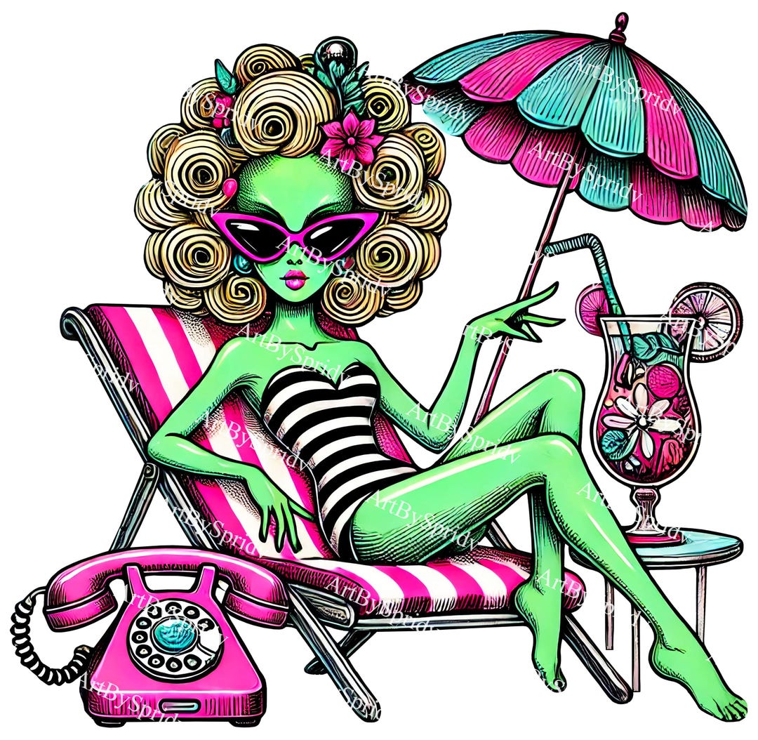 Retro Alien Glam Poolside Clipart | Green Alien Woman PNG With Cocktail ...