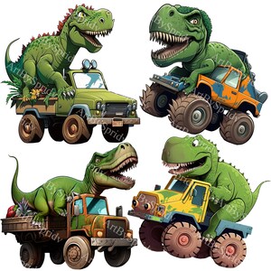 4 Pack T-rex Dinosaur on Monster Truck Transparent PNG Sublimation ...