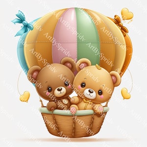 Adorable Teddy Bears in Hot Air Balloon PNG Clipart, Cute Baby Shower ...