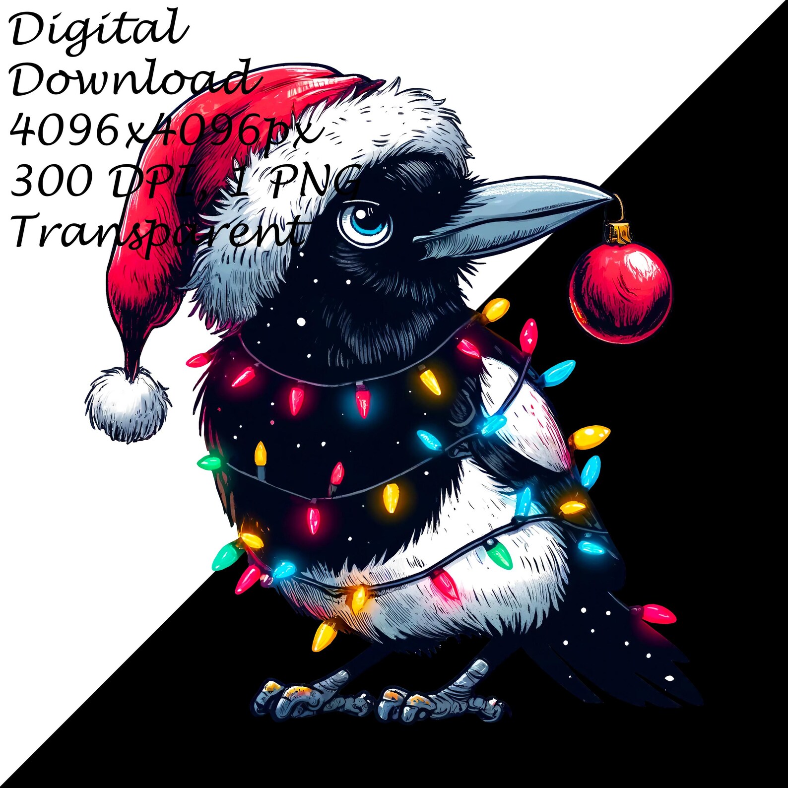Christmas Magpie Clipart, Festive Bird With Santa Hat & Xmas Lights PNG ...