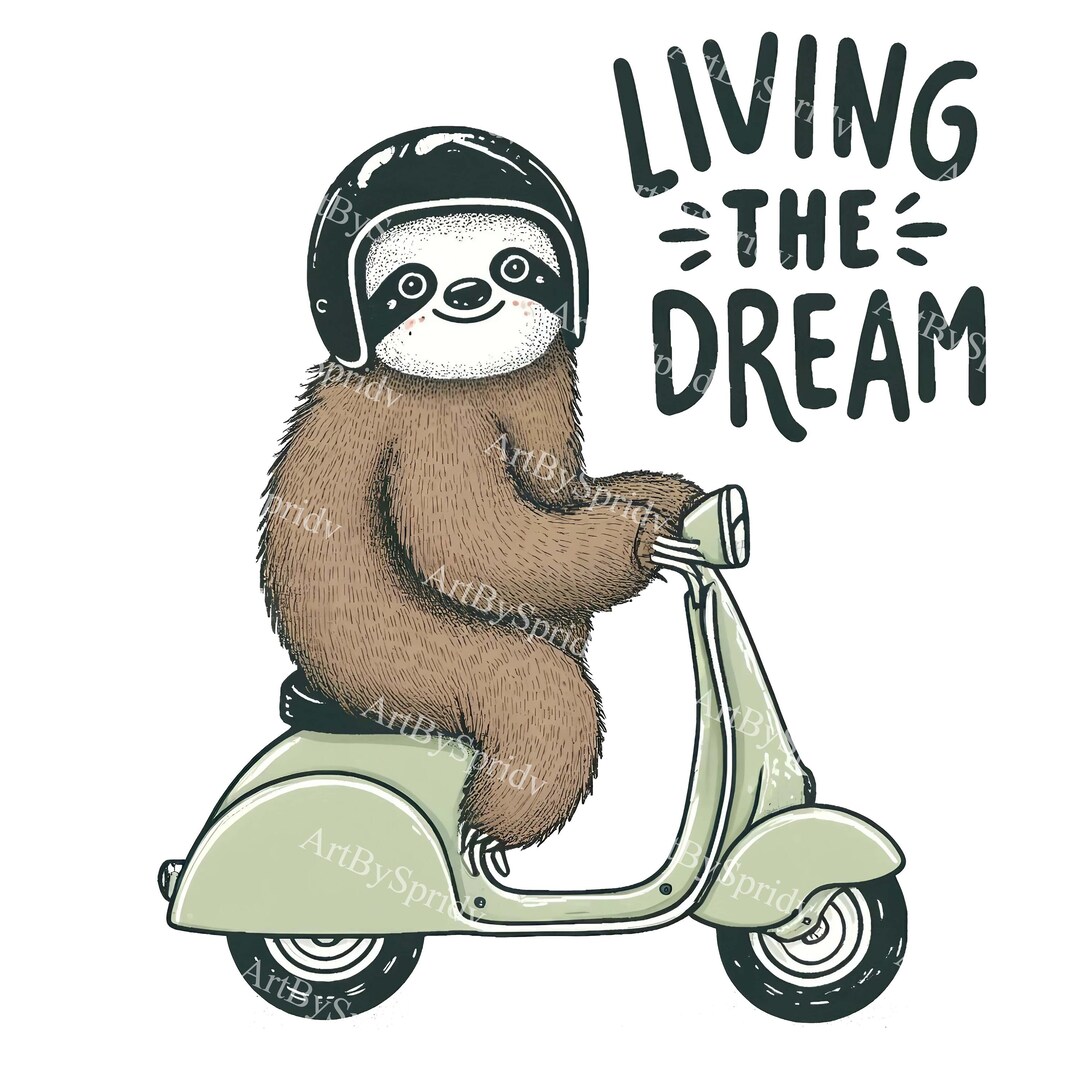 Sloth on Scooter Clipart - Carefree Sloth Riding Vintage Scooter, Cute ...
