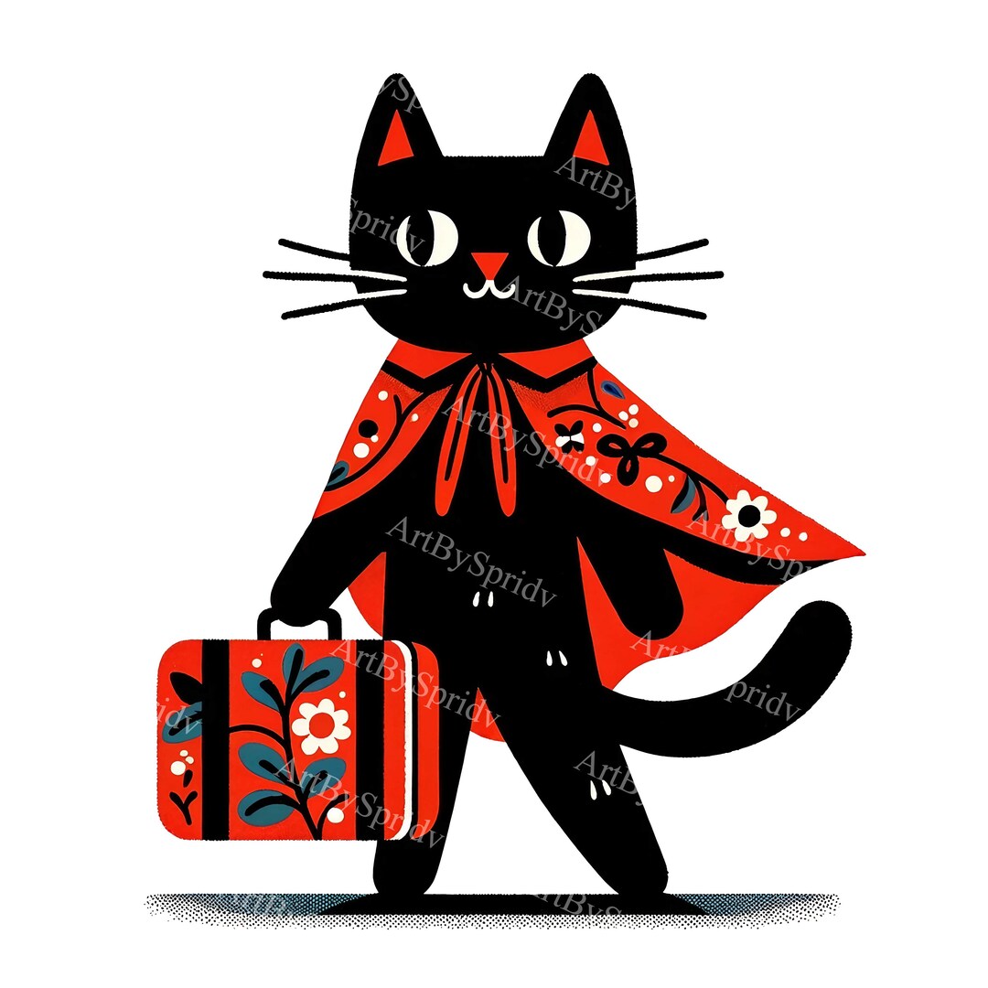 Charming Vintage-inspired Black Cat With Floral Briefcase Clipart ...