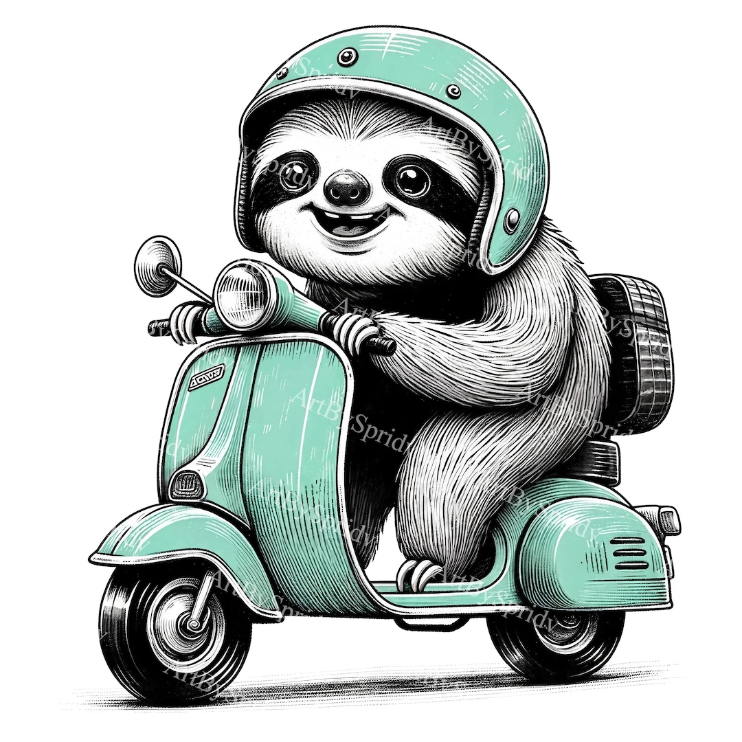 Cartoon Sloth Clipart on Scooter | Helmet-wearing Sloth Illustration ...