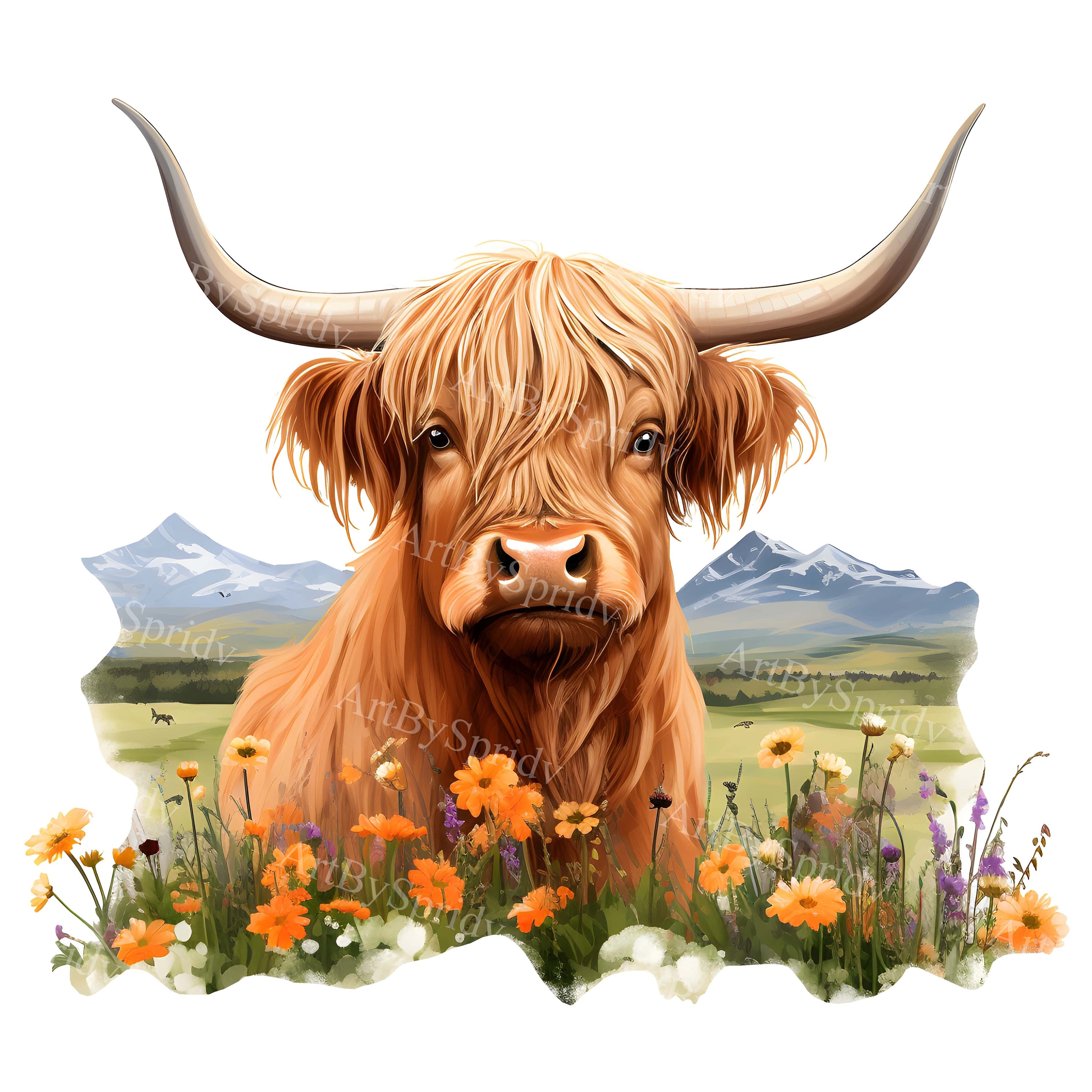 Highland Cow PNG Clipart, Cute Scottish Cattle in Wildflower Meadow ...