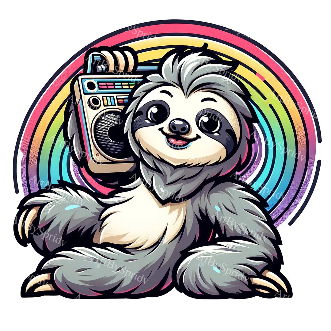 Funky Sloth DJ Clipart With Boombox - Printable Sublimation Design for ...