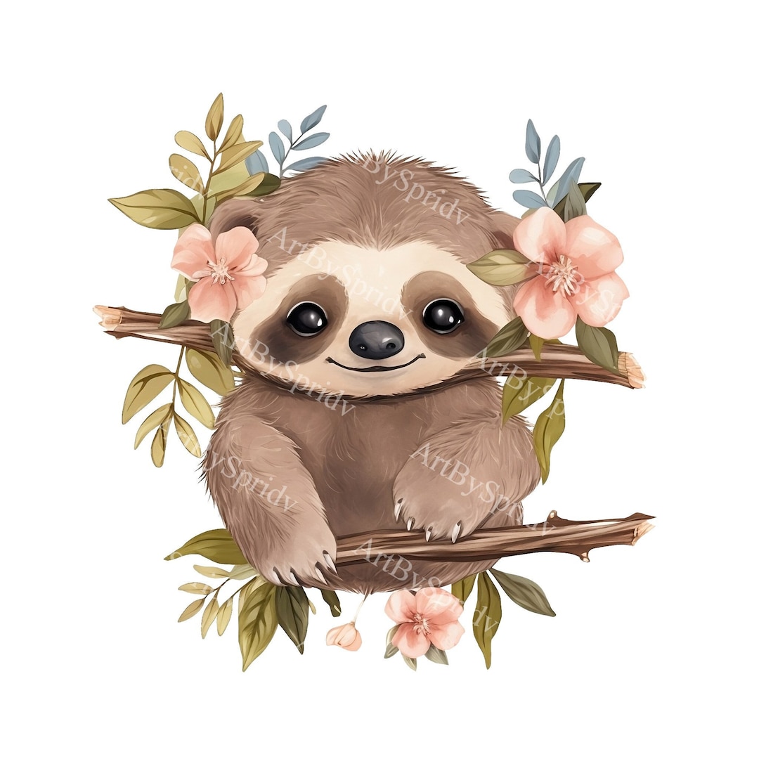 Baby Sloth PNG Clipart, Sloth Hanging From Tree With Floral Accents ...