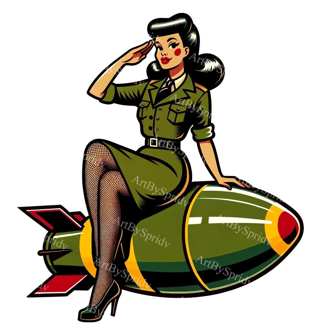 Vintage Pin-up Woman Seated on Bomb Illustration, Military Chic Art ...