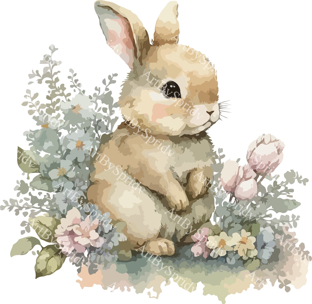 Baby Easter Bunny in Floral Garden PNG Clipart, Hand-painted Watercolor ...