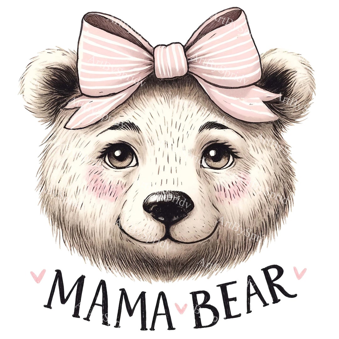 Hand-drawn Mama Bear Clipart With Pink Bow - Cute Animal Illustration ...