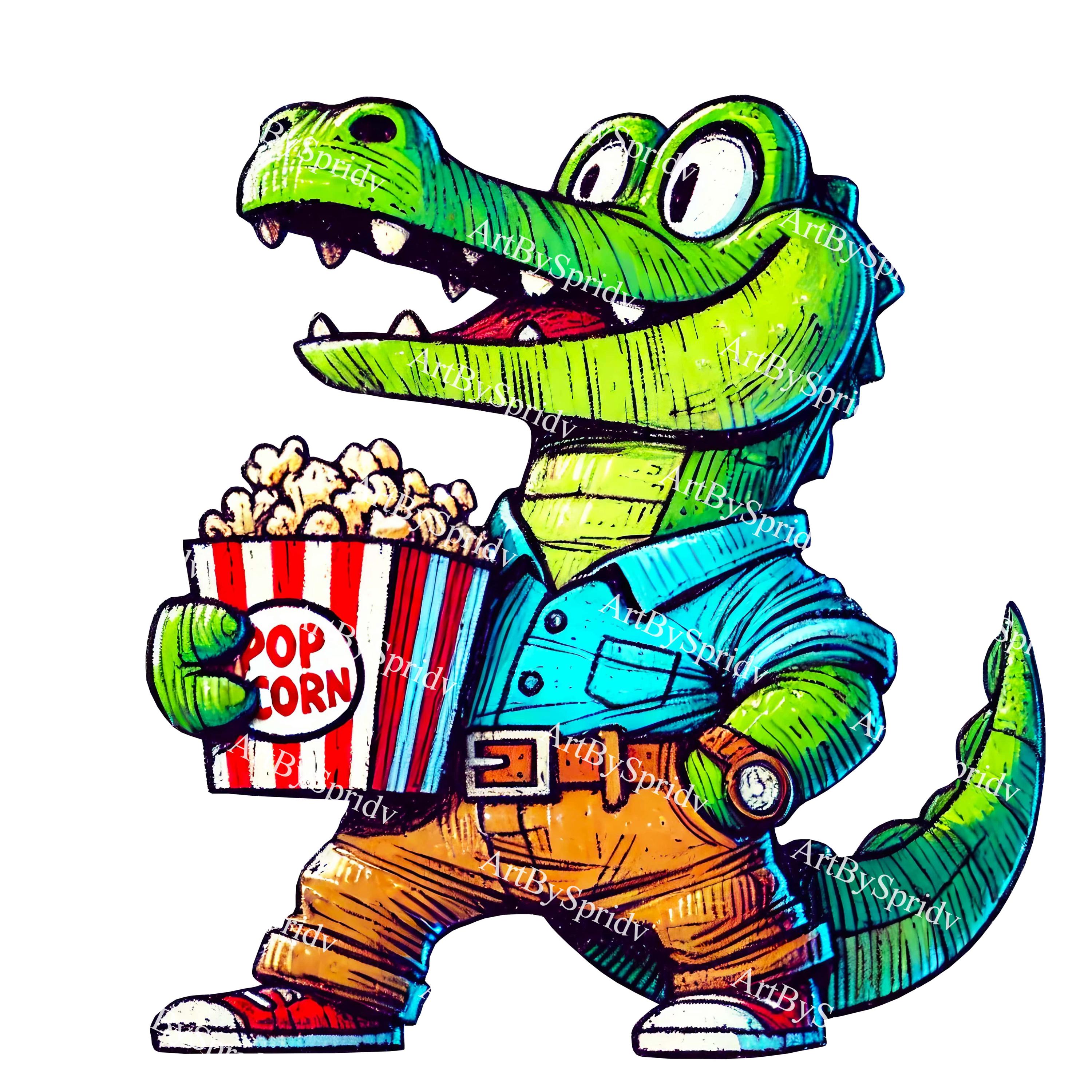 Cool Alligator Eating Popcorn PNG, Funny Dressed-up Crocodile Clipart ...