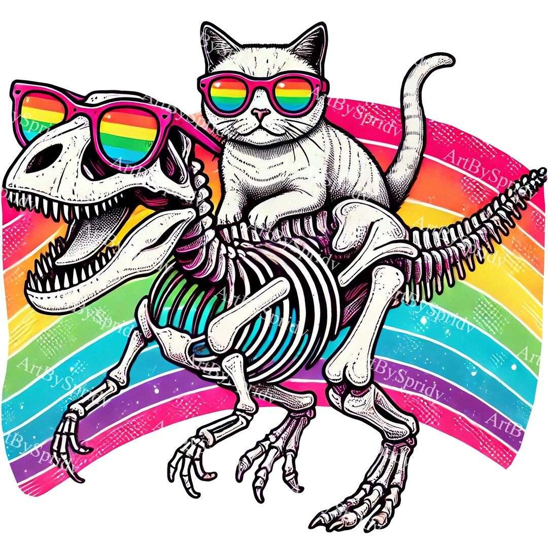 Trendy Cat Riding T-rex Skeleton Clipart | Rainbow Sunglasses Dinosaur ...