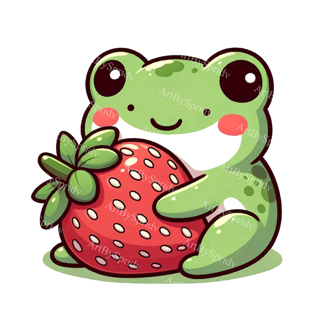 Adorable Cartoon Frog Clipart With Strawberry - Cute Froggy Digital Art ...