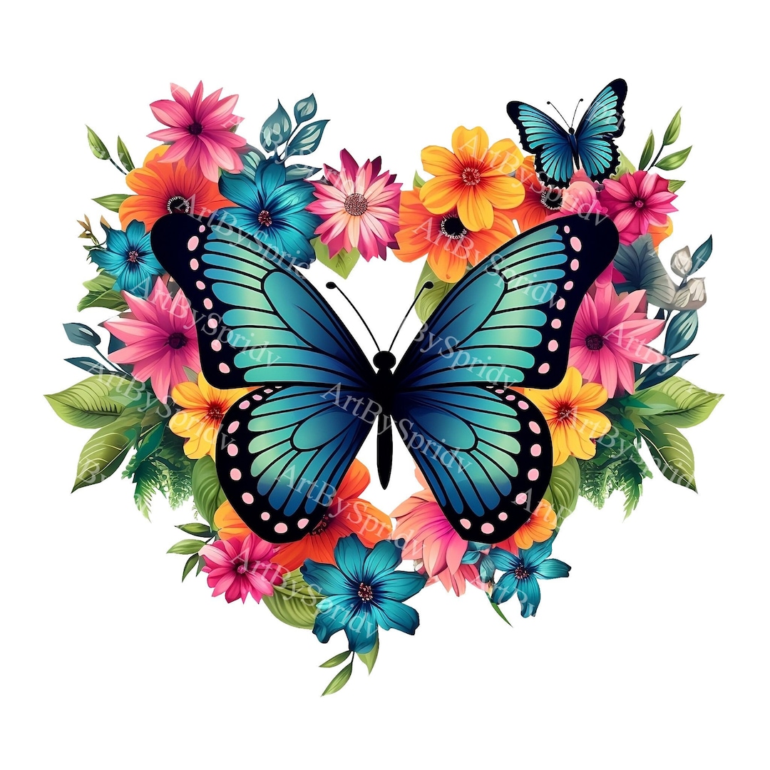 Vibrant Butterfly and Flowers Clipart – Transparent PNG for DTG T-shirt ...