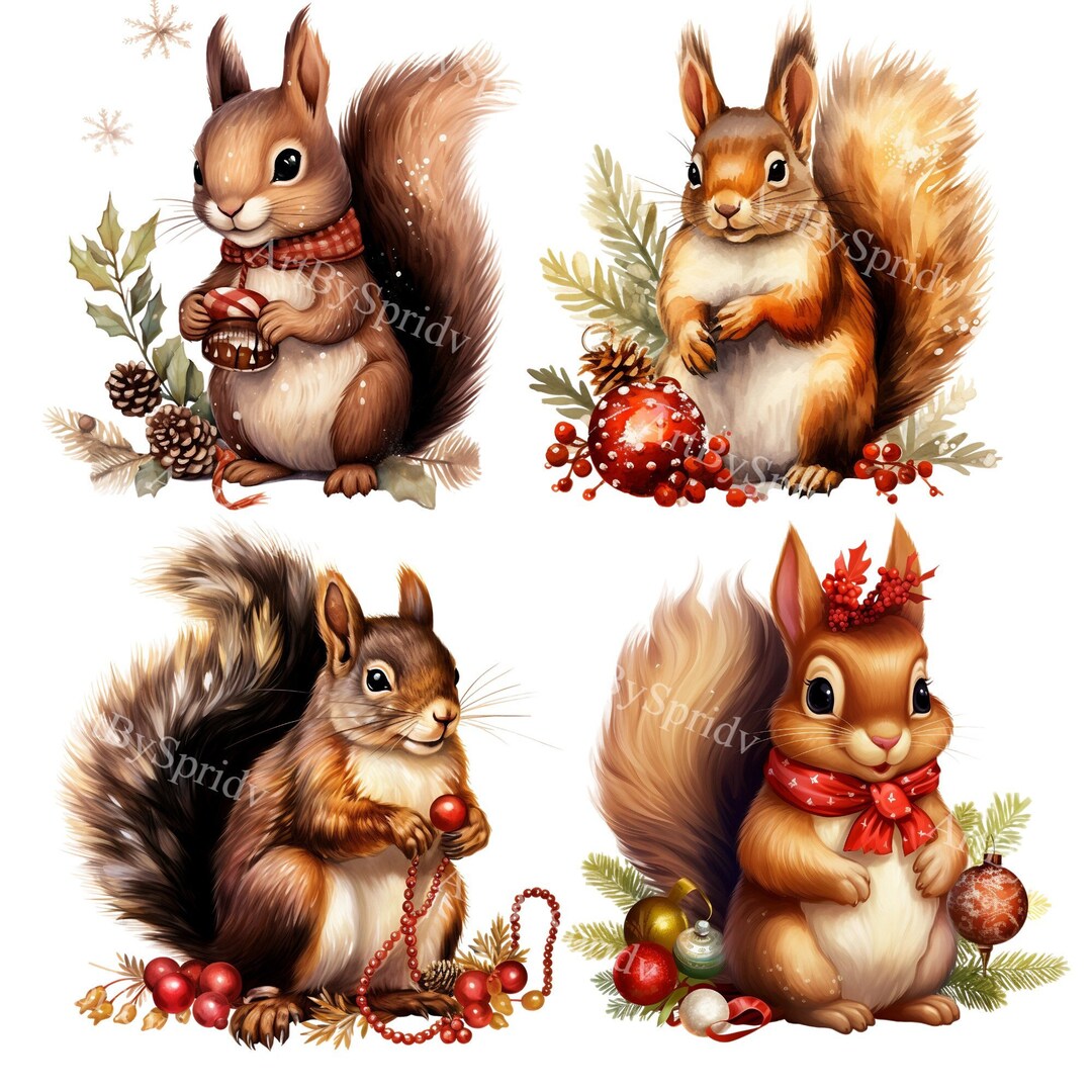 Festive Christmas Squirrel PNG Clipart Set|hand-drawn Woodland Animals ...