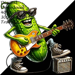 Cool Rock Star Pickle Clipart - Funny Cucumber Guitarist Png-retro ...