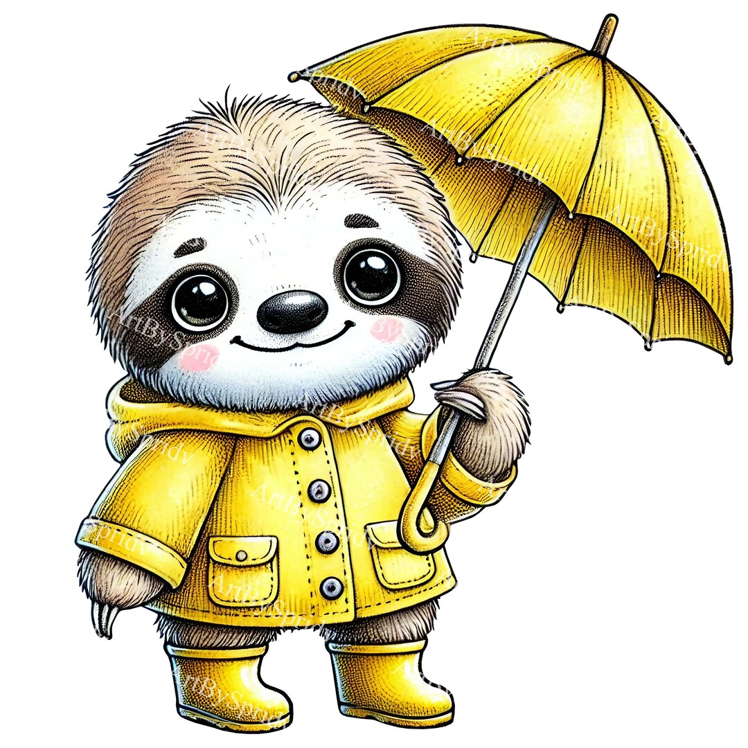 Adorable Cartoon Sloth in Yellow Raincoat & Boots Holding Umbrella PNG ...