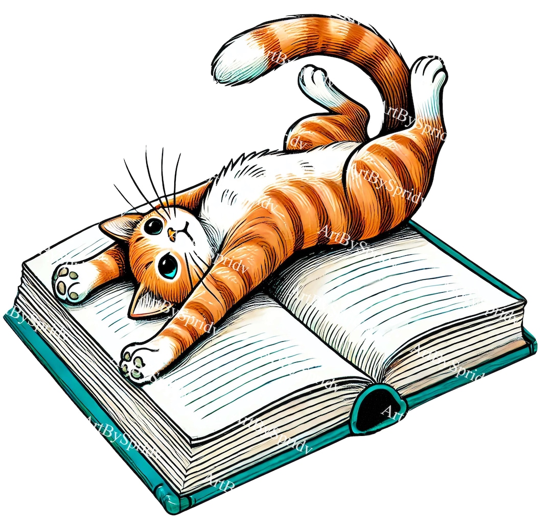 Cat on Open Book Clipart, Cute Orange Tabby Cat Digital Illustration ...