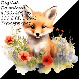 Watercolor Baby Fox Cub Near Wildflowers in Meadow-transparent 3 PNG ...