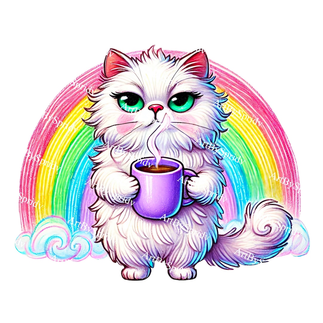 Fluffy Cat With Coffee & Rainbow PNG, Kawaii Pastel Cat Clipart ...